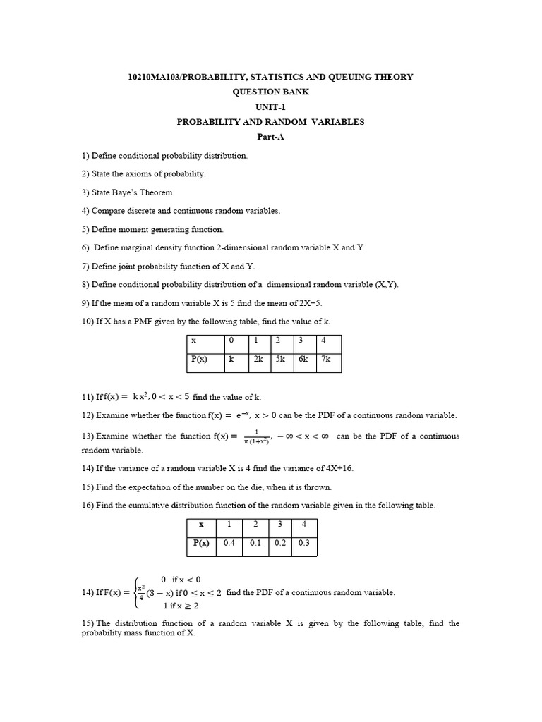 PSQT-QB-Unit 1 | PDF | Probability Density Function | Probability Distribution