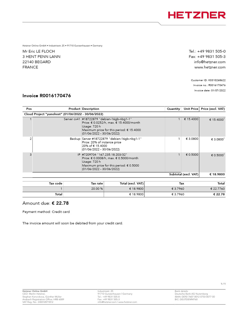 Facture Hetzner - Projet yunohost | PDF | Facture | Taxe sur la valeur ...