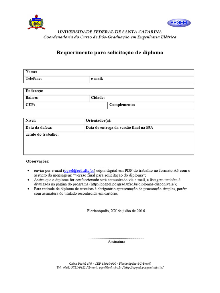Solicitação de Diploma na UFSC | PDF | Pós-graduação | Bibliotecas