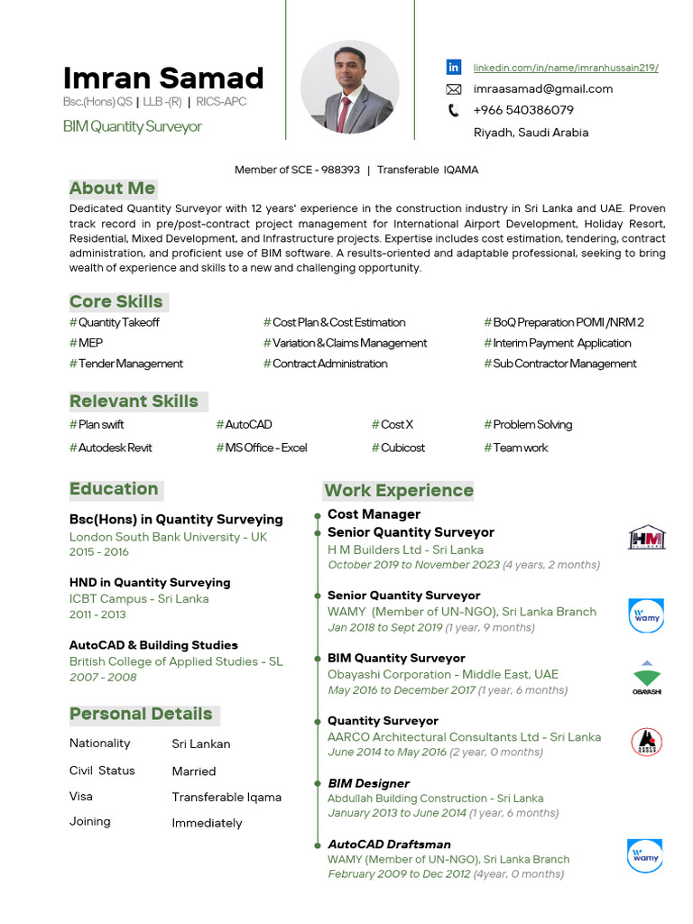 Imran - Bim Qs (Revit) CV (30.01.24) | PDF