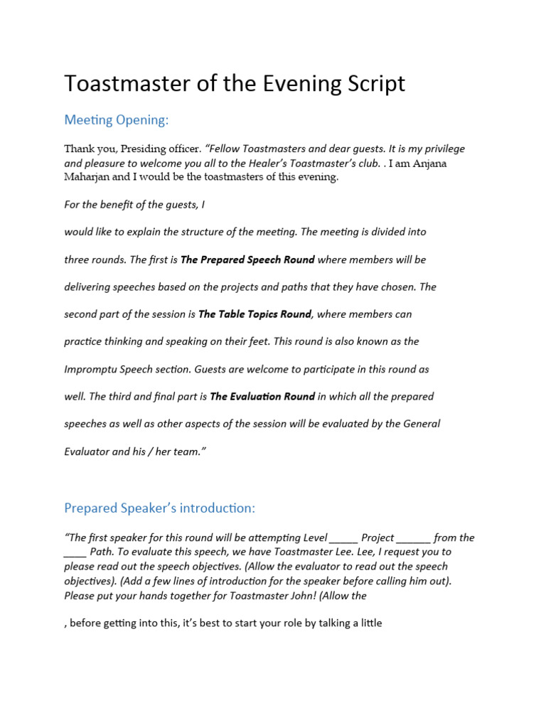 Toastmaster of The Evening Script | PDF | Human Communication