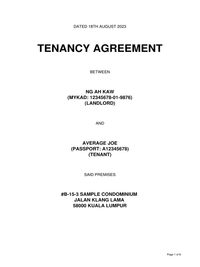 Malaysia Tenancy Agreement Sample | PDF | Leasehold Estate | Landlord
