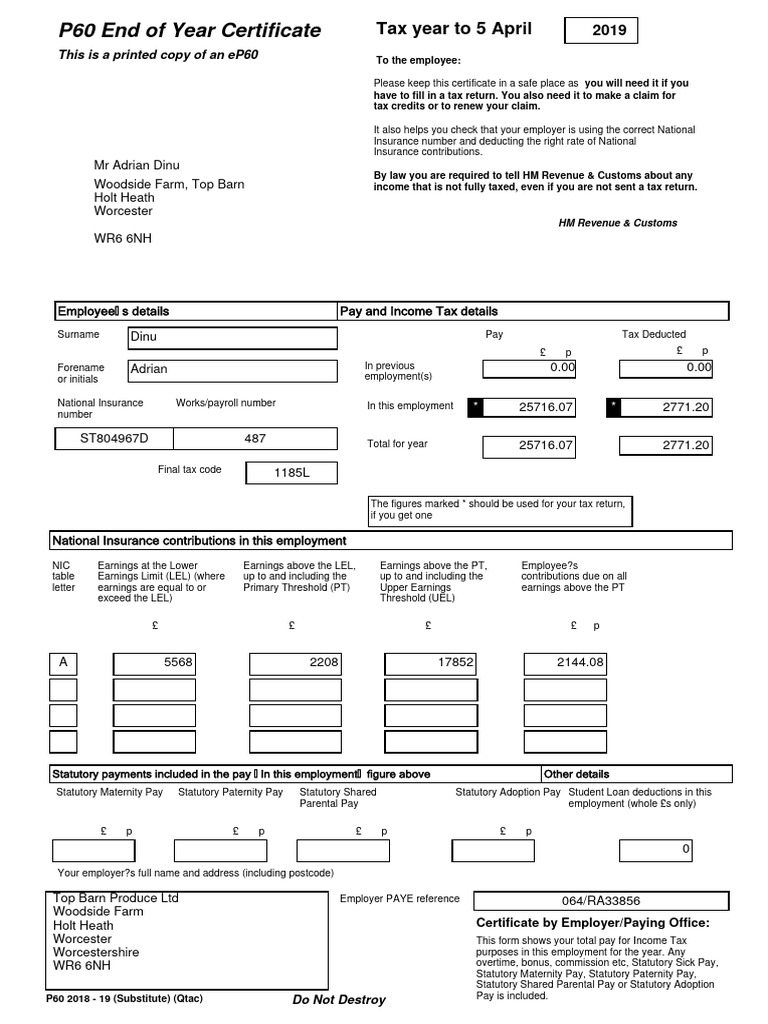 P60 End of Year Certificate: Tax Year To 5 April | PDF | Money | Government
