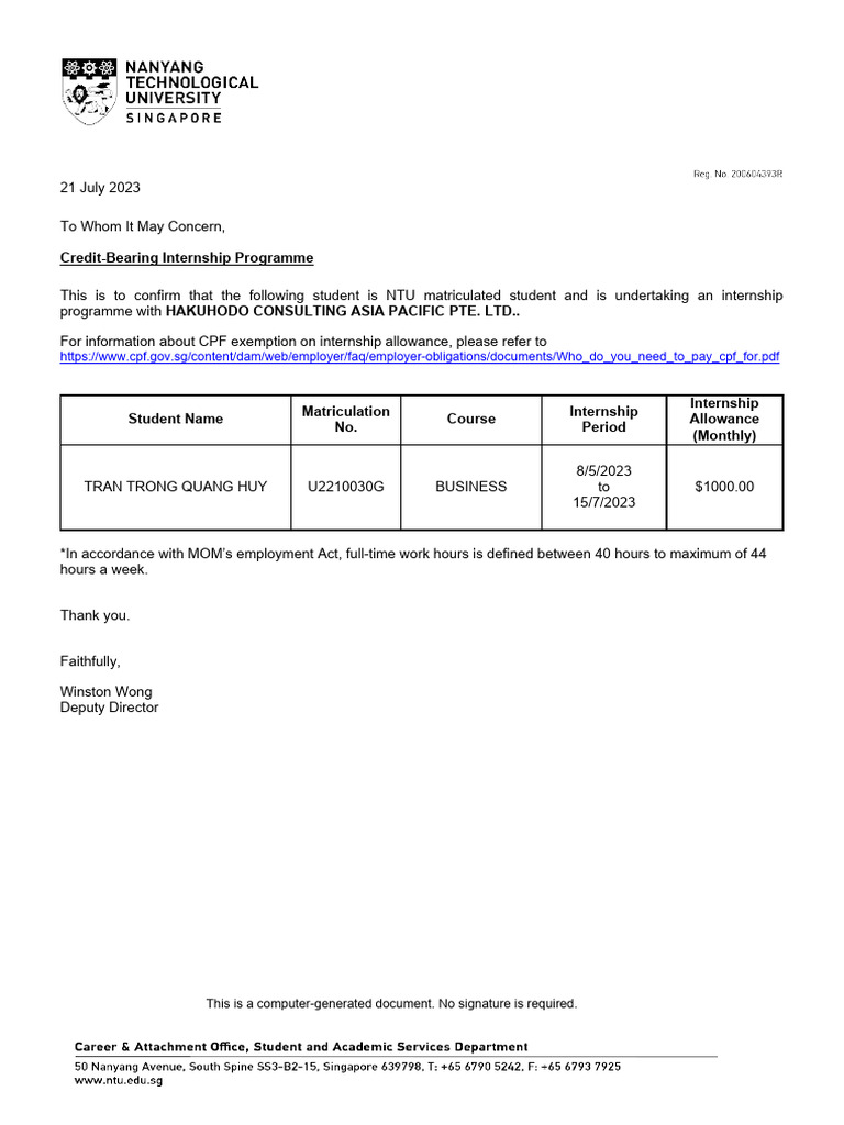 Credit Bearing Placement Letter | PDF