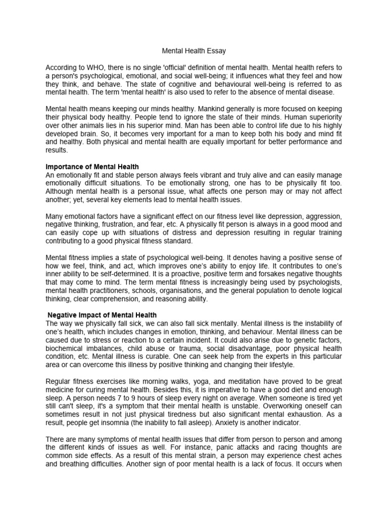 Mental Health Essay | Download Free PDF | Mental Health | Mental Disorder