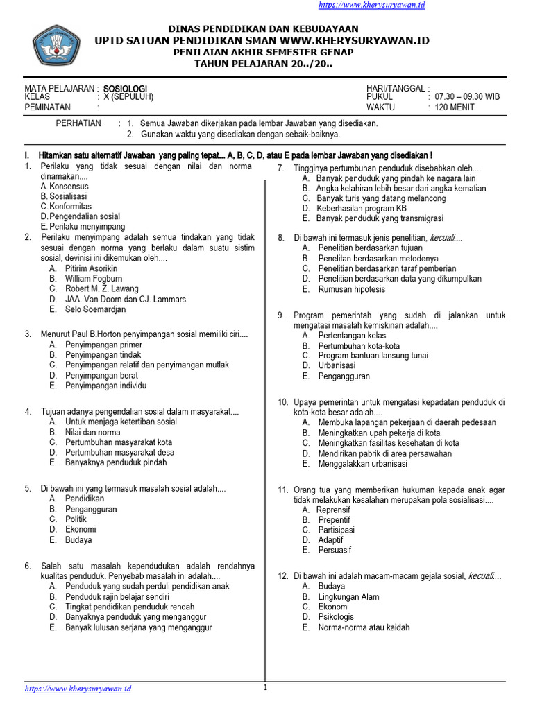 Soal PAT Sosiologi Kelas 10 K13 - WWW - Kherysuryawan.id | PDF
