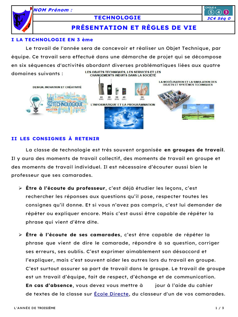 Règles de vie en classe de technologie | PDF