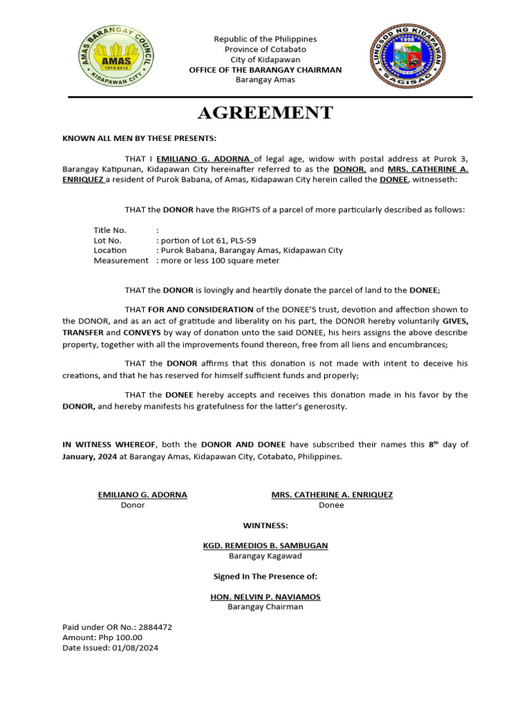 AGREEMENT FOR LAND DONATION | PDF | Civil Law (Common Law) | Common Law
