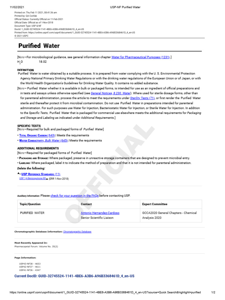 USP-NF Purified Water | Download Free PDF | Drinking Water | Water