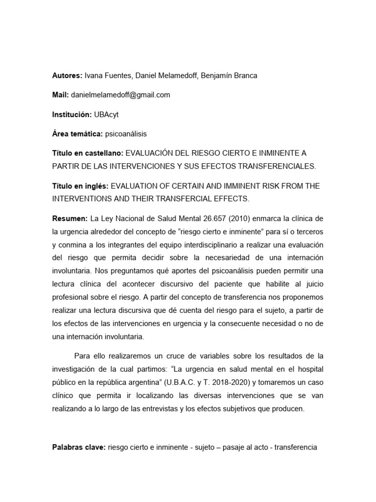 Evaluaci N Del Riesgo Cierto e Inminente A Partir de Las Intervenciones y Sus Efectos ...