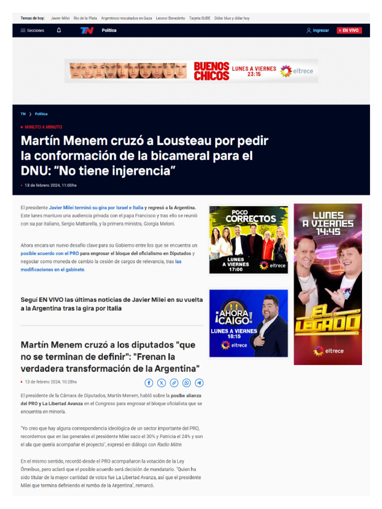 Screencapture TN Ar Politica 2024 02 13 Martin Menem Cruzo A Lousteau Por Pedir La Conformacion ...