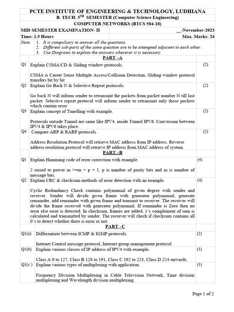 MSE IIQuestionPaper (ComputerNetworks) Nov2023Answerkey | PDF | Error Detection And Correction ...