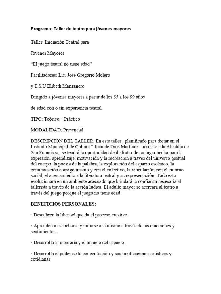 Programa Taller de Adultos Mayores | PDF | Teatro | Las emociones