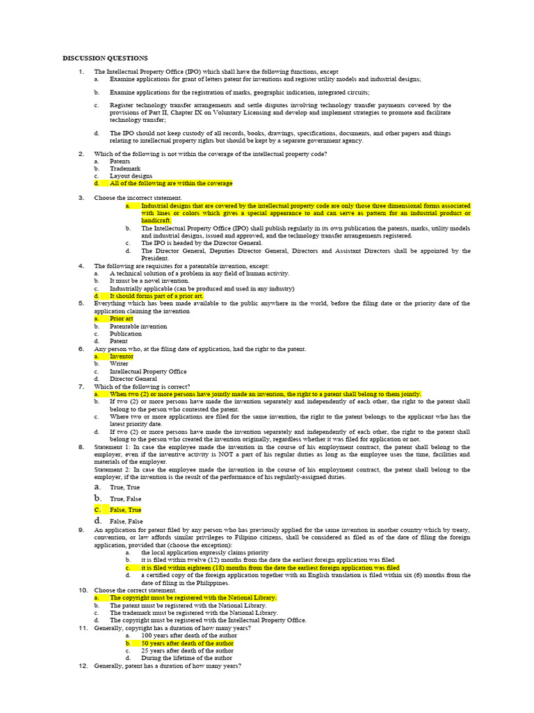 Intellectual Property Discussion Questions | Download Free PDF | Patent | Glossary Of Patent Law ...