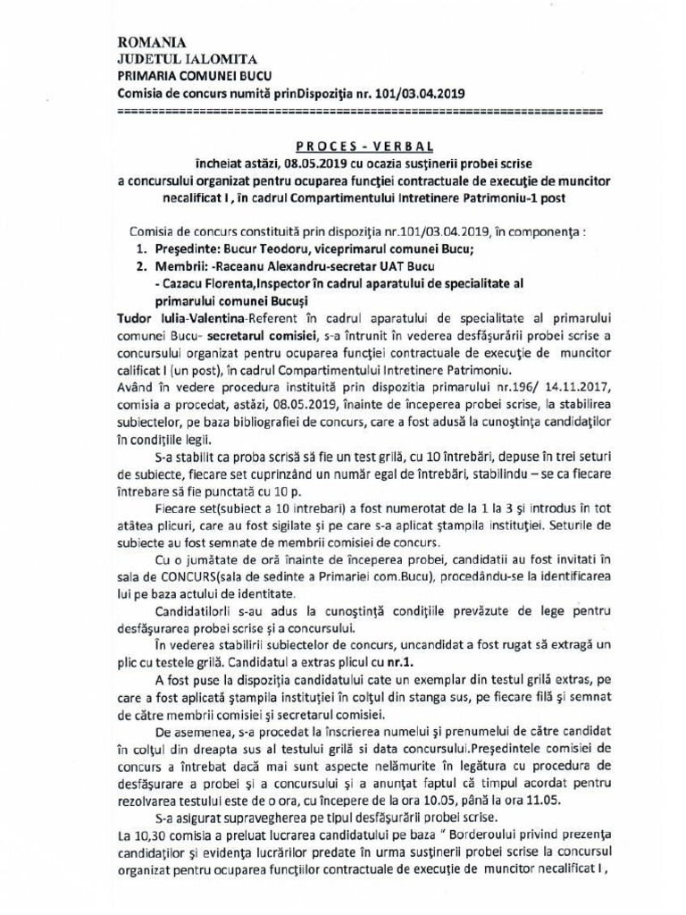 PV Rezultat Proba Scrisa Muncitor Necalificat I | PDF