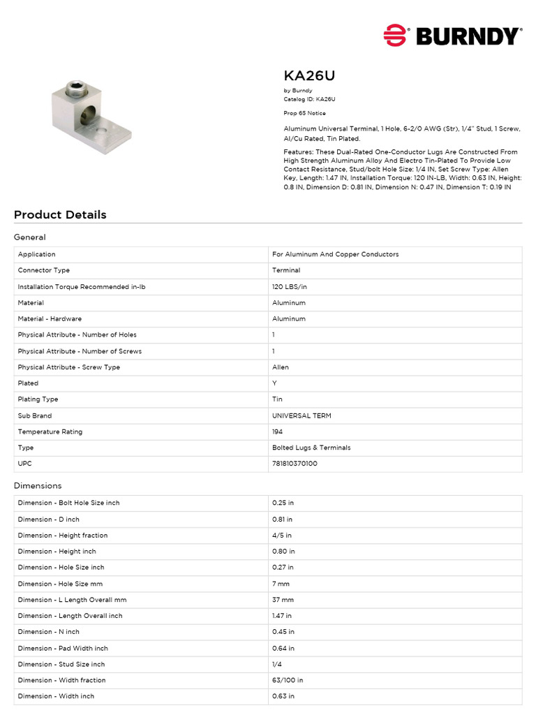 BURNDY KA26U Specsheet | PDF | Screw | Electrical Conductor