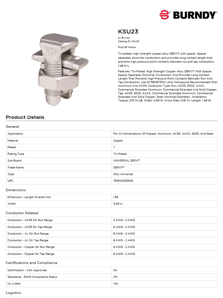 BURNDY KSU23 Specsheet | PDF | Materials | Building Engineering