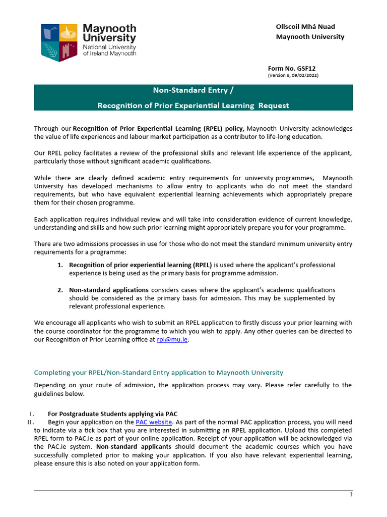 GSF12 Non Standard Entry RPL Application Form | PDF