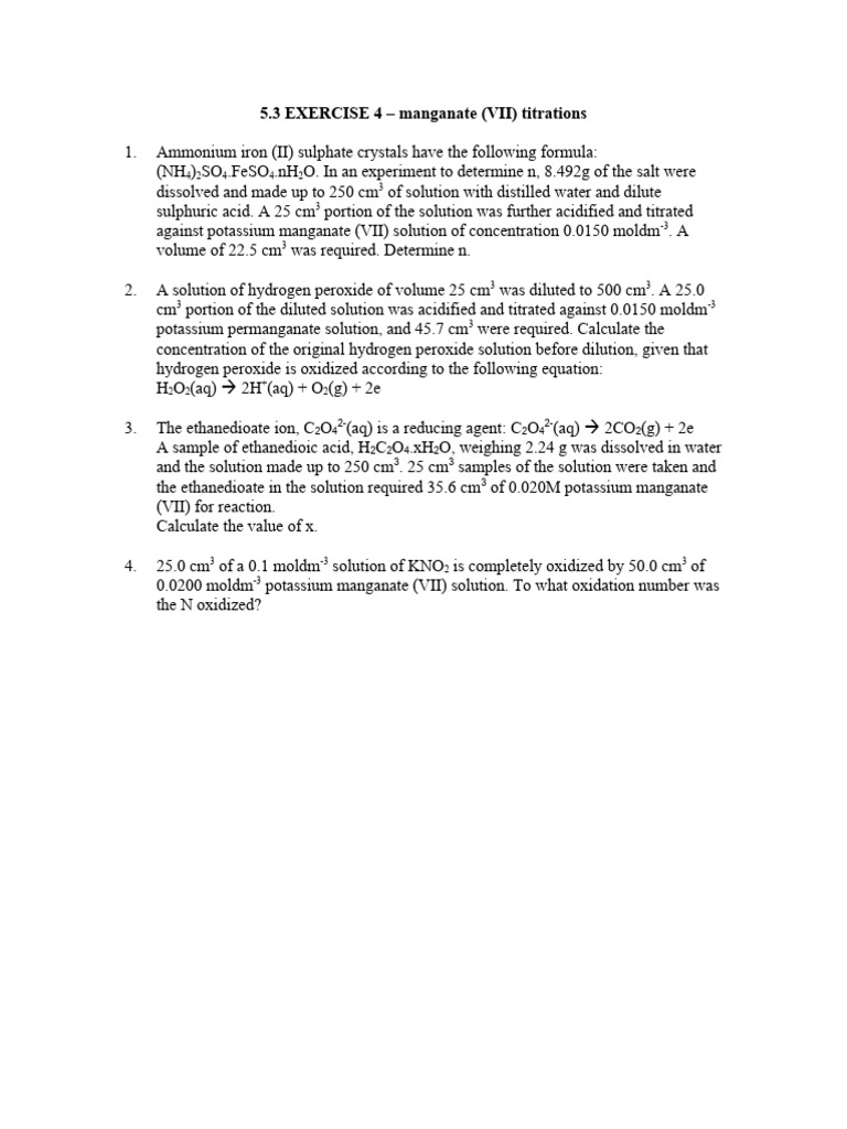 Manganate (VII) Titration Exercises | PDF