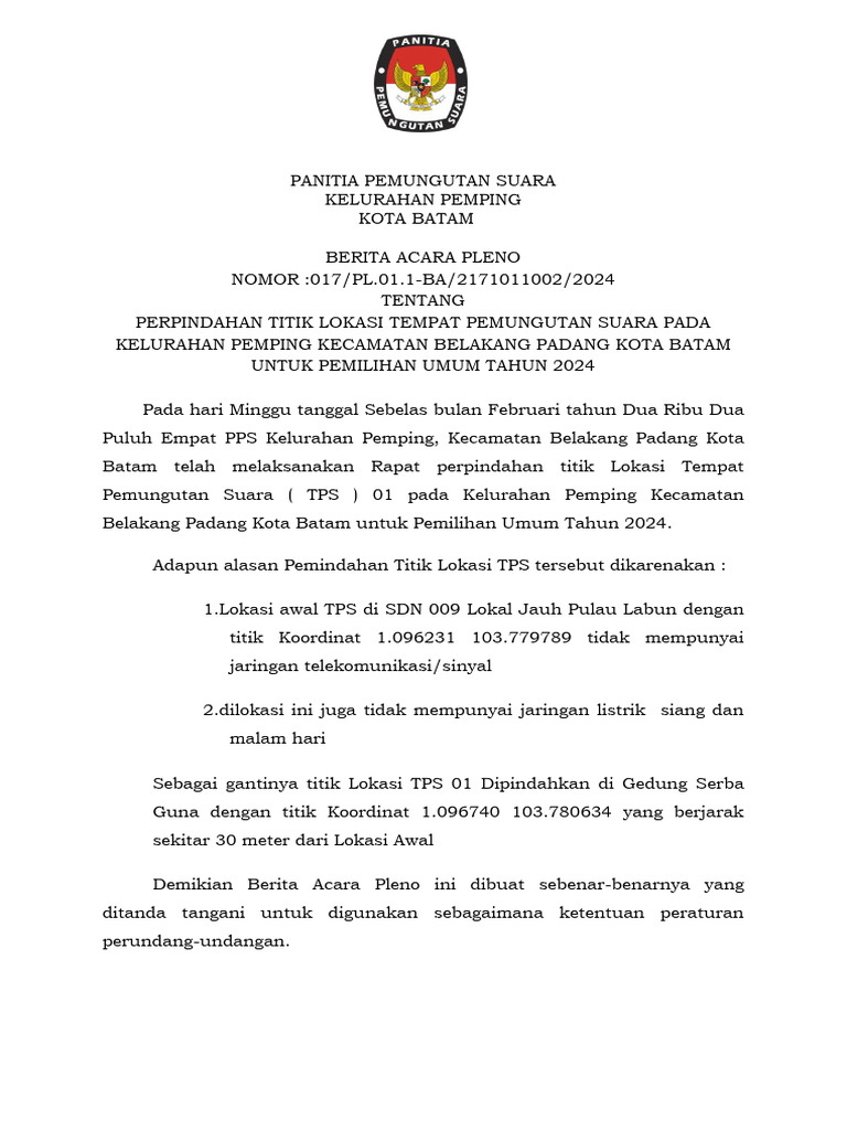 Pemindahan Lokasi TPS Pemping 2024 | PDF