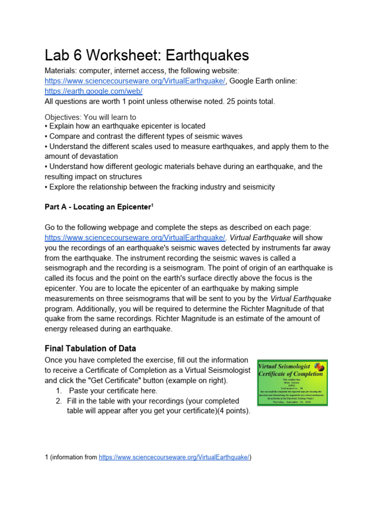 Earthquake Analysis Lab Worksheet | PDF | Earthquakes | Geophysics