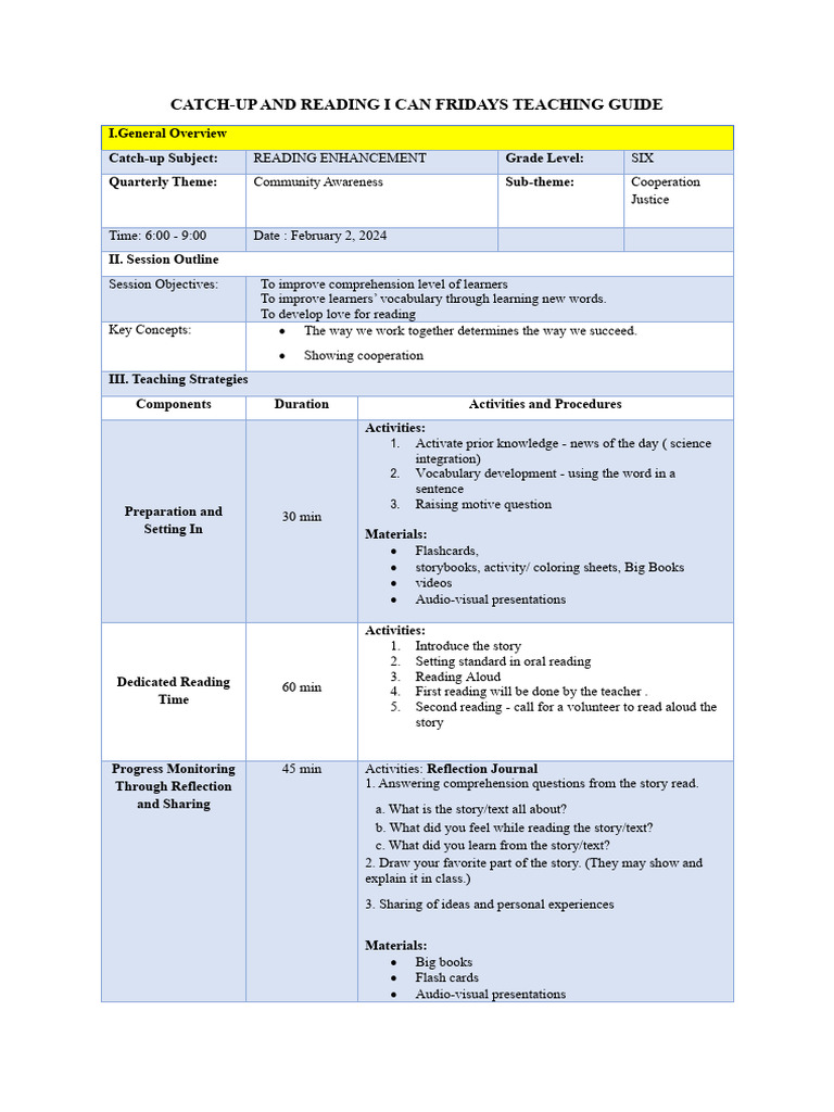 G6 Final Catch Up Friday Lesson Plan February 2 | PDF | Reading Comprehension | Education Theory
