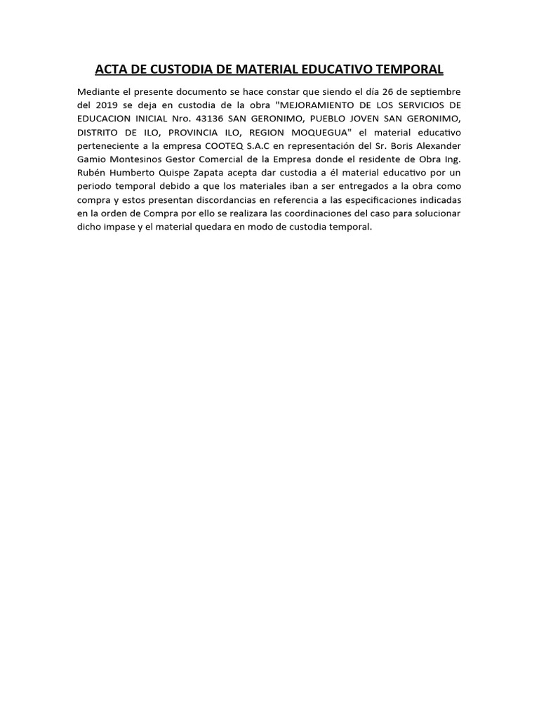 Acta de Custodia de Material Educativo Temporal | PDF