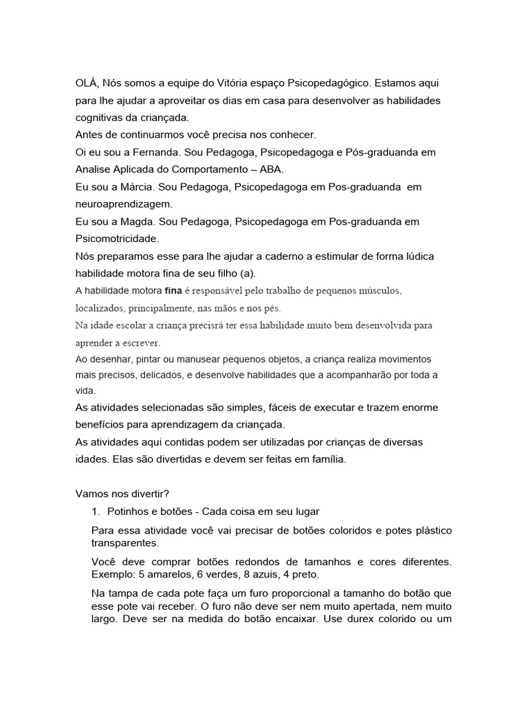 Atividades Lúdicas para Coordenação Motora Fina | PDF | Pedagogia ...