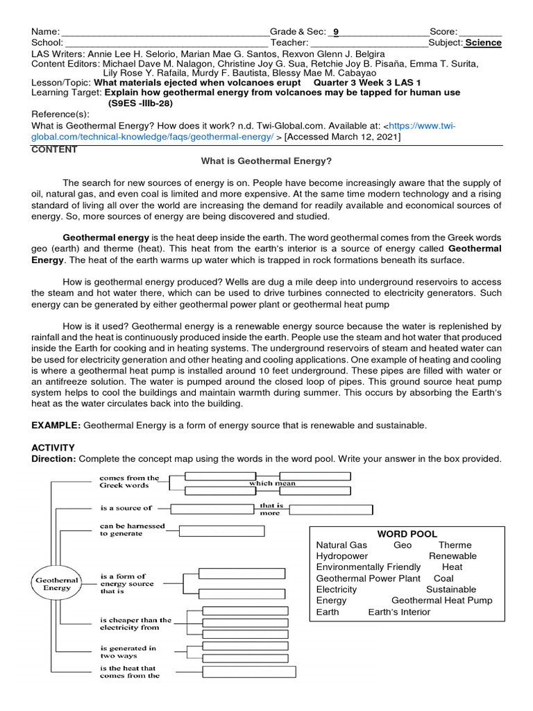 SCIENCE 9 - 7. W3-4 LAS Geothermal Energy | PDF | Geothermal Energy ...