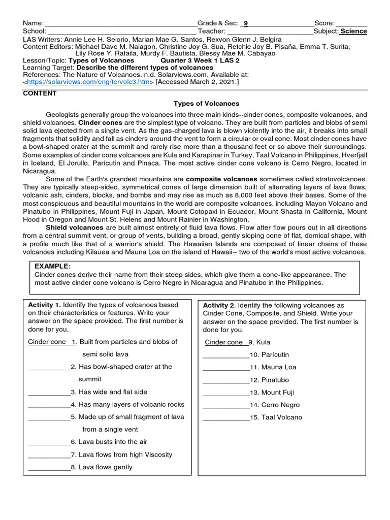 SCIENCE 9 - 2. W1 LAS Types of Volcanoes | PDF | Volcano | Lava