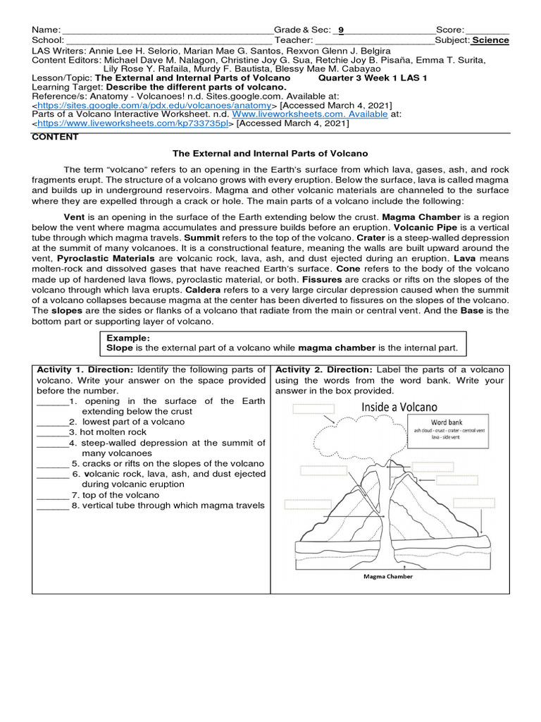 Parts of a Volcano: Internal & External | PDF | Volcano | Lava