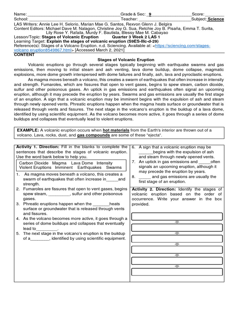 SCIENCE 9 - 4. W2 LAS Stages of Volcanic Eruption | PDF | Volcano ...