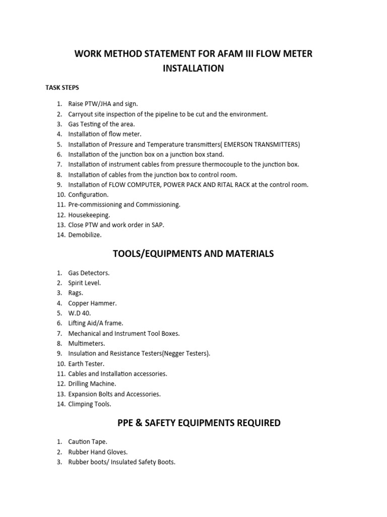 Work Method Statement For Afam III Flow Meter Installation | PDF