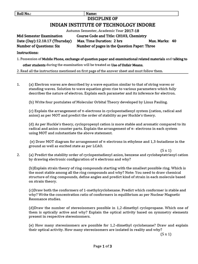 B.tech Question Paper-2017 | PDF | Conformational Isomerism | Chemical Reactions