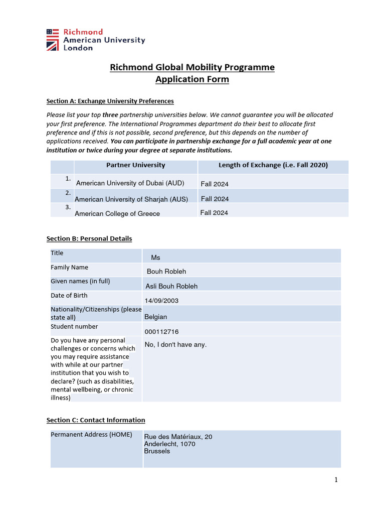 Global Mobility Application Form | PDF | International Student