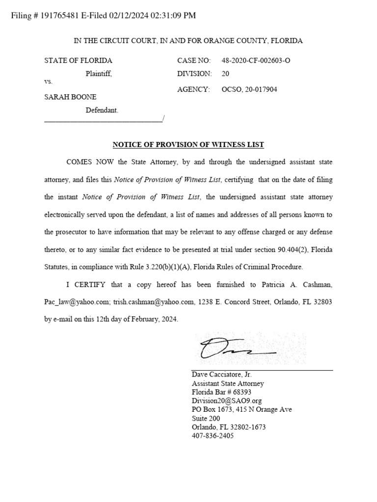 Sarah Boone Witness List Notice | PDF