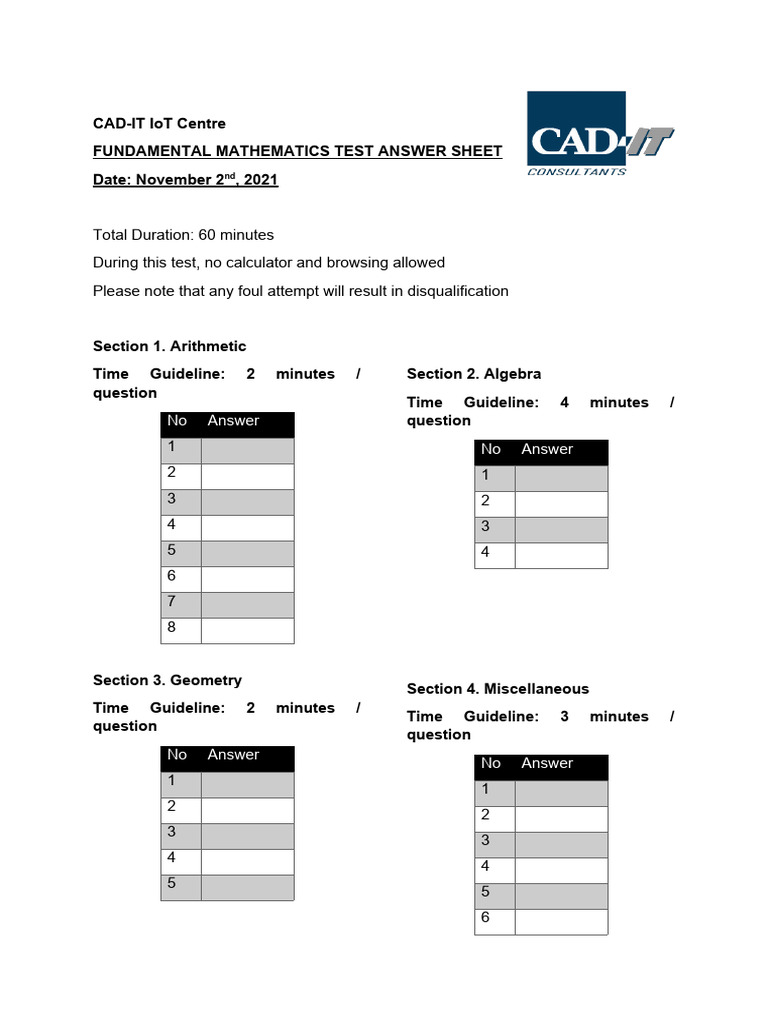 Answer Sheet Fundamental Math Test | PDF