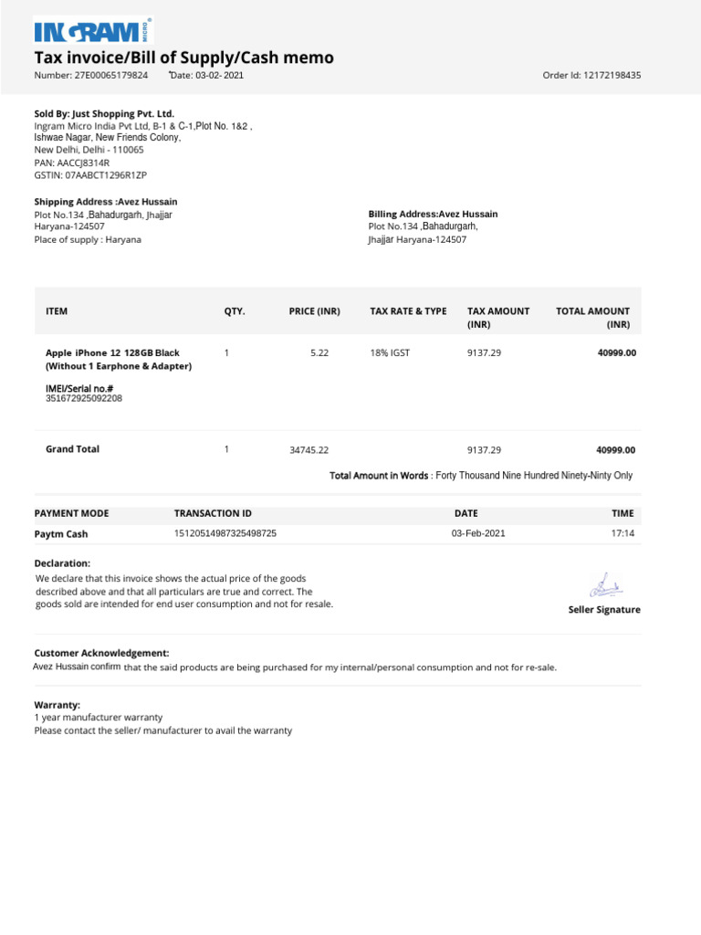 Ingram Micro India Invoice for iPhone 12 | PDF
