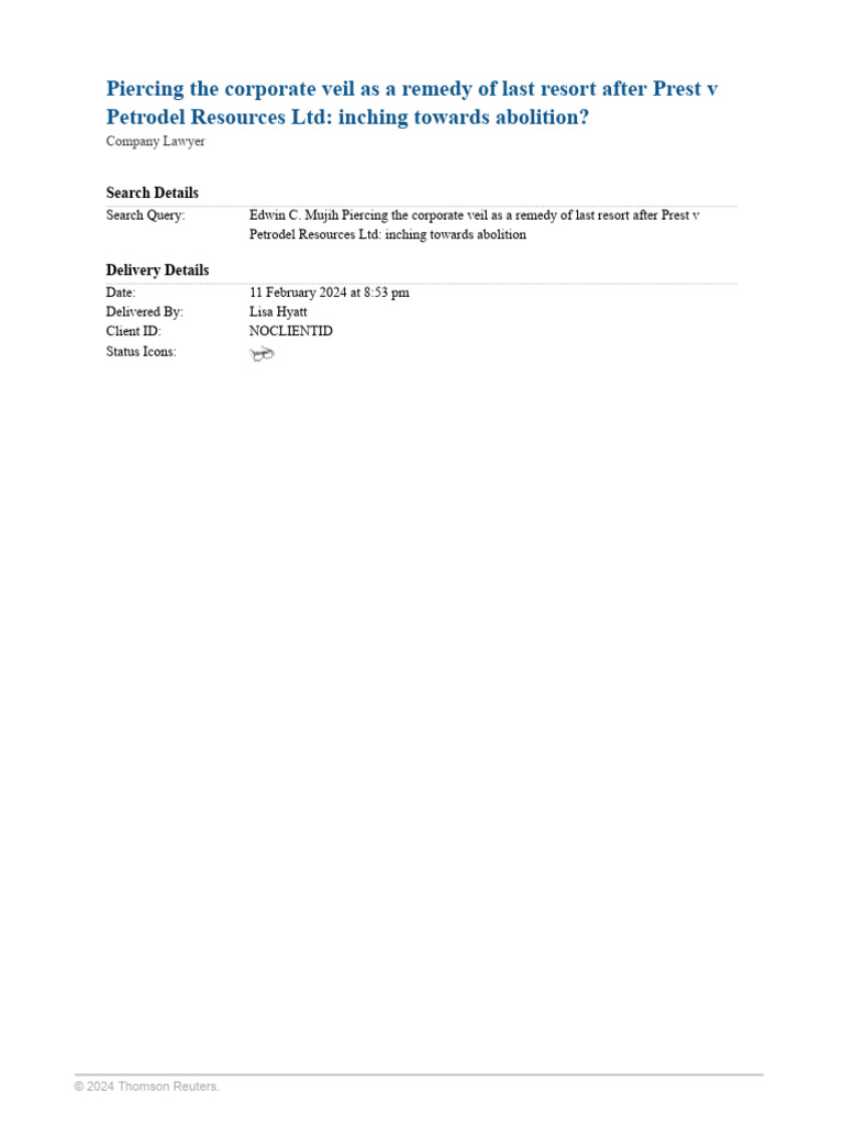 Veil Piercing Post Prest v Petrodel | PDF | Piercing The Corporate Veil ...