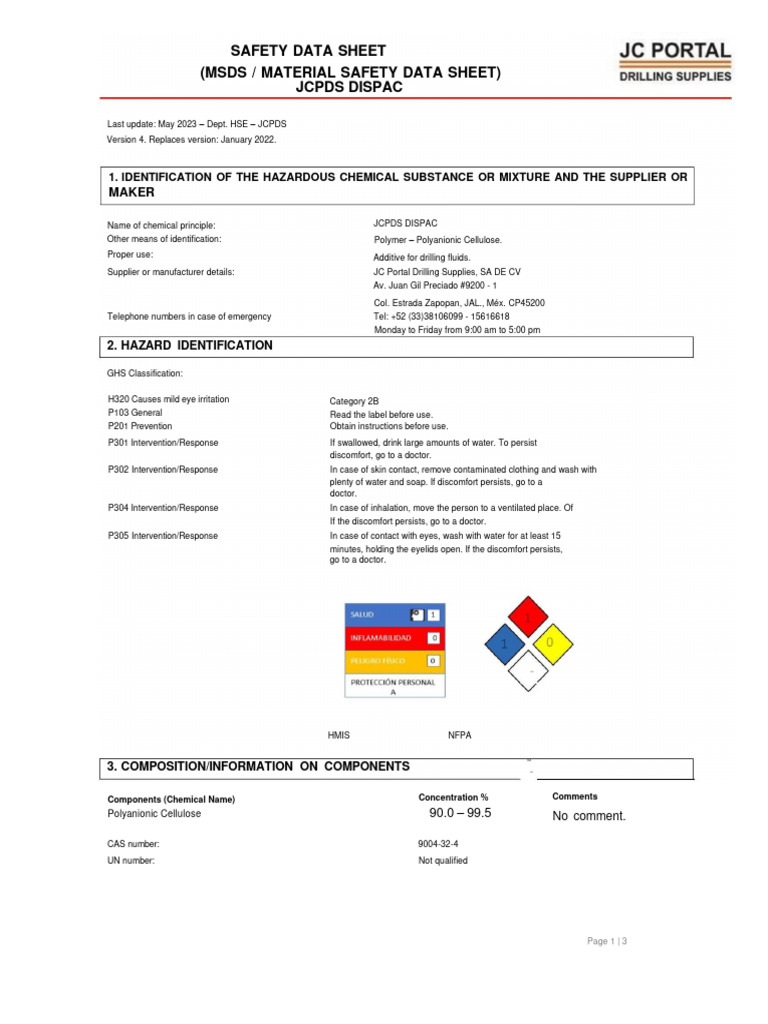 MSDS - JCPDS - DISPAC 2023 Ingles | PDF | Water | Information