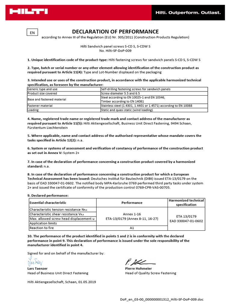 Sandwich Panel Declaration-of-performance-Hilti-SF-DoP-009-EN ...