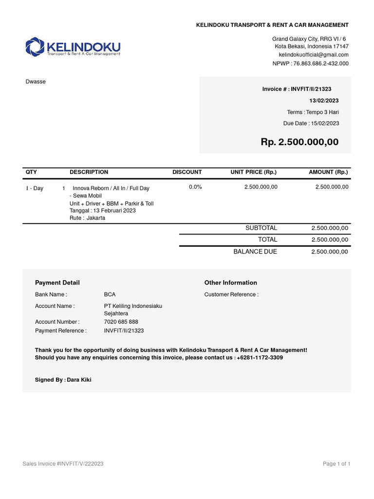 Invoice Rental Mobil 13 Februari 2023 | PDF