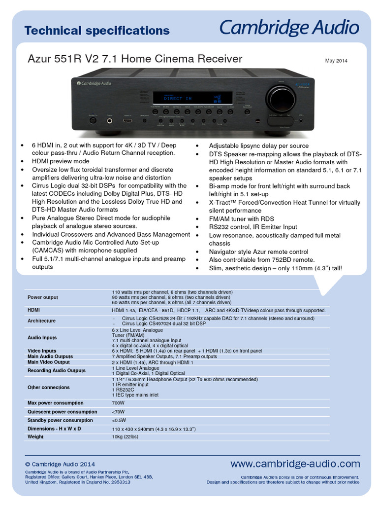 Technical Specification Cambridge Amp Azur 551R V2 | PDF | Hdmi | Audio ...