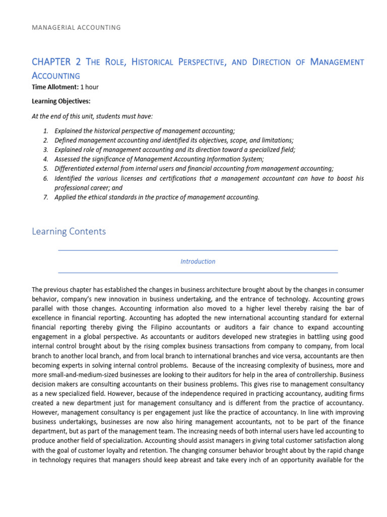 MANAGERIAL ACCOUNTING INSTRUCTIONAL MATERIAL Chapter 2 | PDF ...