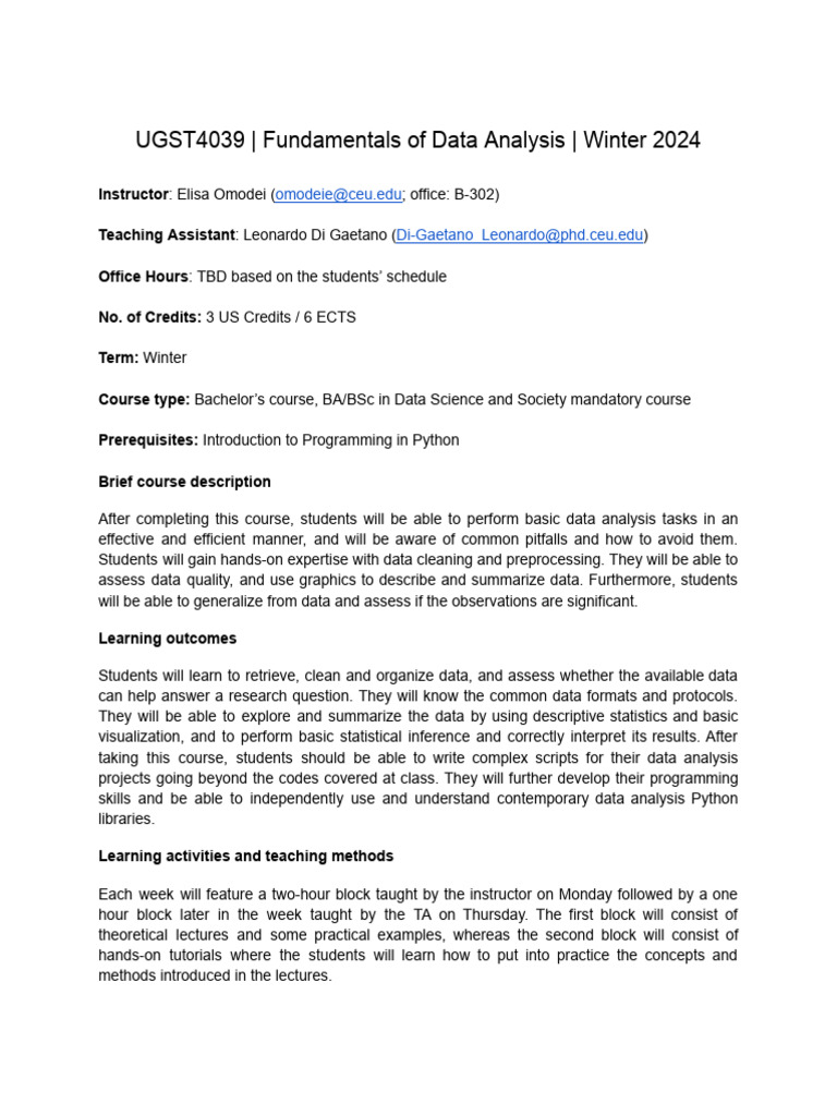 UGST4039 Fundamentals of Data Analysis - Elisa Omodei | PDF | Data | Data Analysis