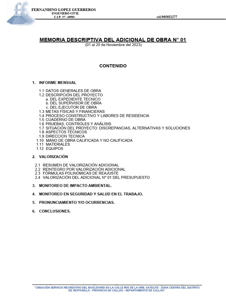 Informe Mensual Del Residente de Obra - Adicional #01 | PDF | Hormigón | Ingeniero civil