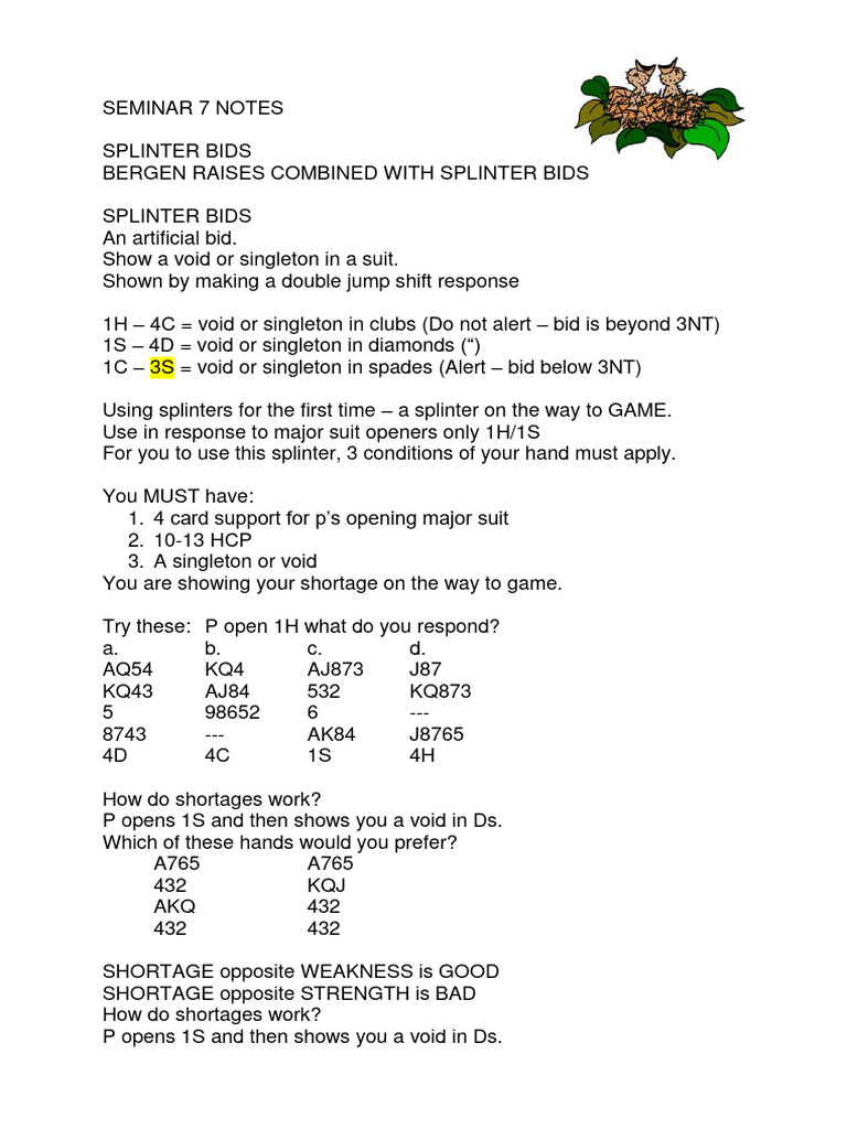 SEMINAR 7 NOTES NP Bergen Revisited Splinter | PDF | Contract Bridge ...