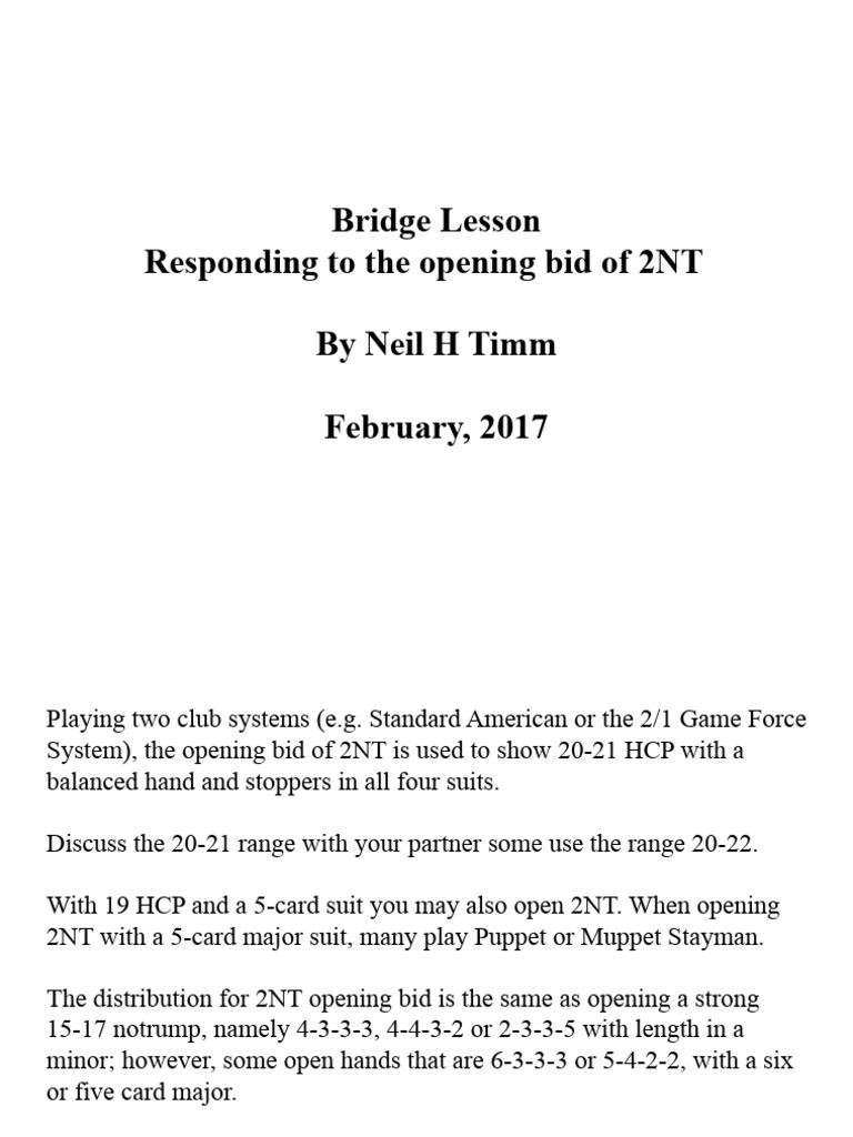 Responding To The Opening Bid of 2NT | PDF | Contract Bridge