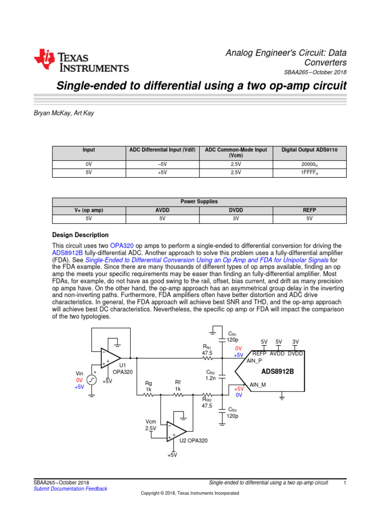 Single-Ended To Differential Using A Two Op-Amp Circui | PDF | Operational Amplifier | Amplifier