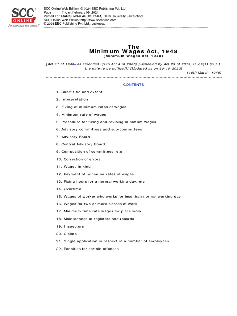 Minimum Wages Act Overview 2024 | PDF | Cost Of Living | Employment